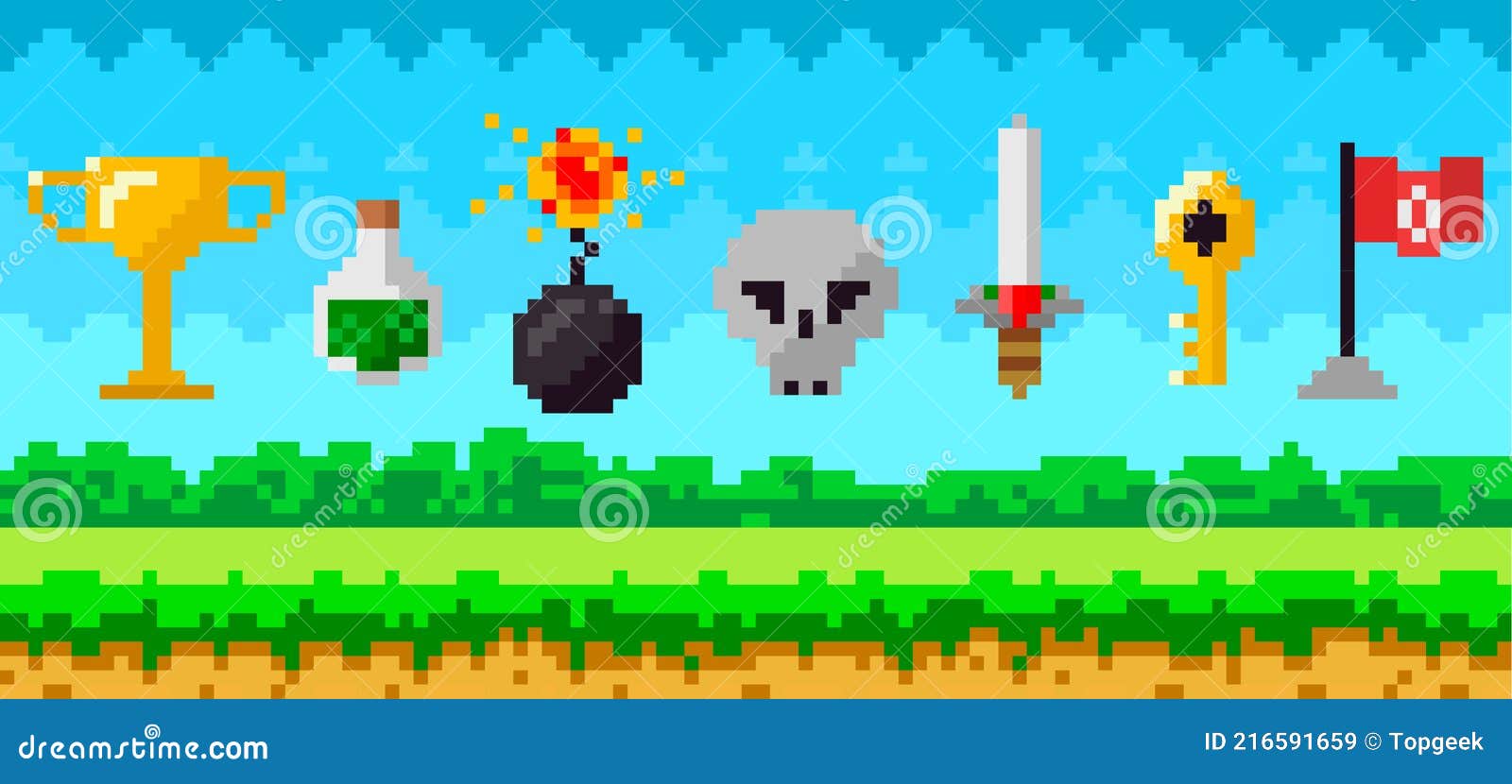 Pixel Art Game Background With Reward Object In Air. Pixel Game Scene ...