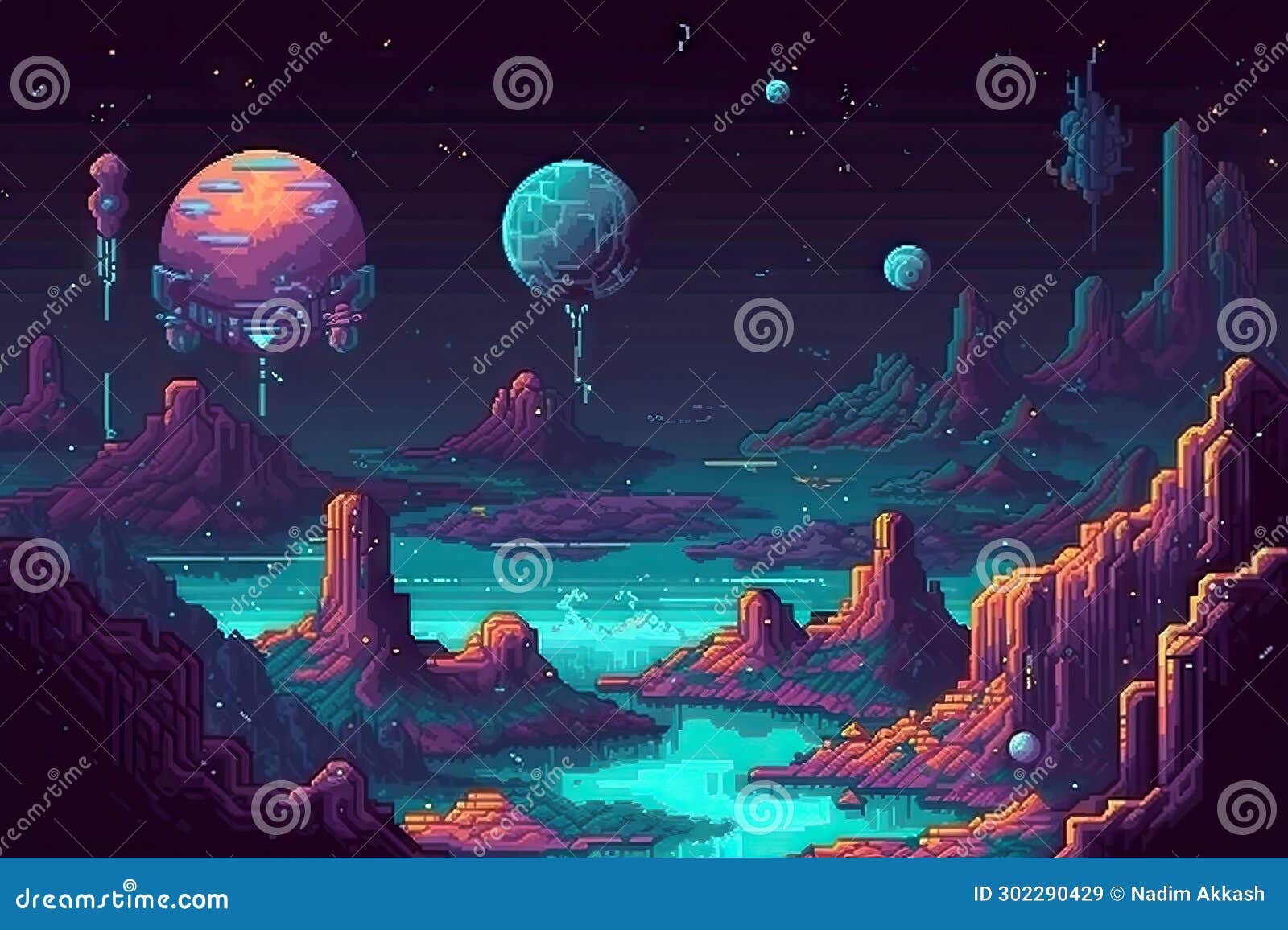 Pixel Art Game Location Cosmic Area, Planet Surface Stock Illustration ...