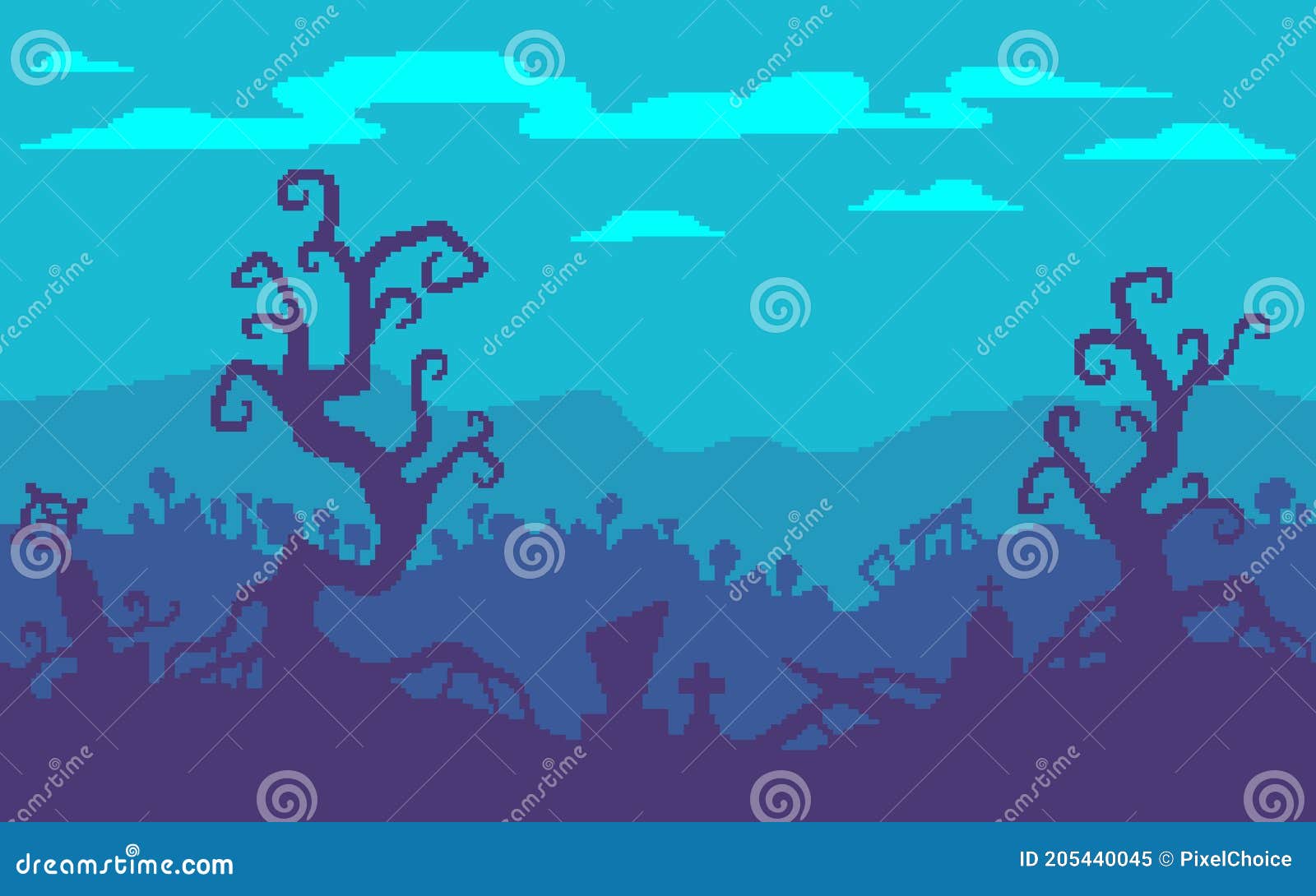 Pixel Art Game Location. A Haunted Forest With Graves Cartoon Vector ...