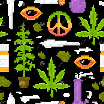 Pixel Art Game Style Medical Marijuana Objects Weed Seamless Vector ...