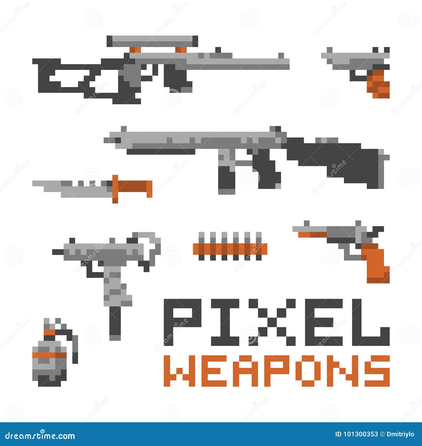 Pixel Art Game Style Weapons and Guns Isolated on White Vector Set ...