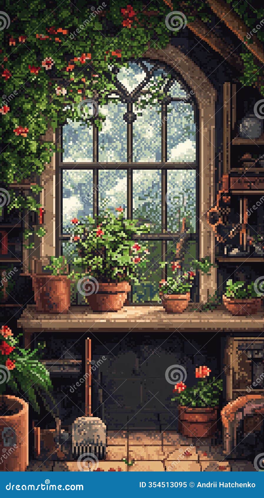 Pixel Art Gardening Set with Tools Pots and Plants. Stock Illustration ...