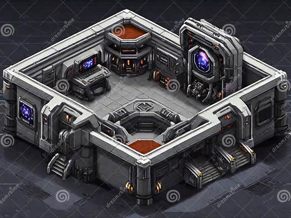 Pixel Art Gray Command Center Building, Isometric View Illustration ...