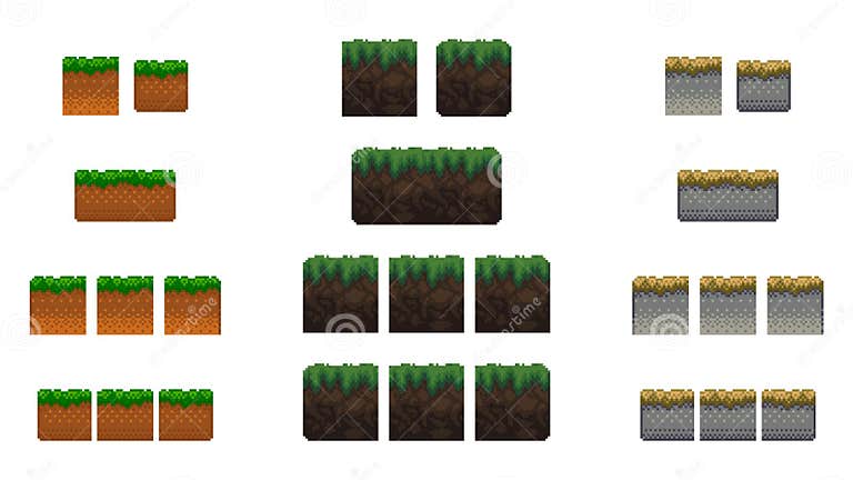 Pixel Art Ground Platform Tile Set. Different Square Texture Grid ...