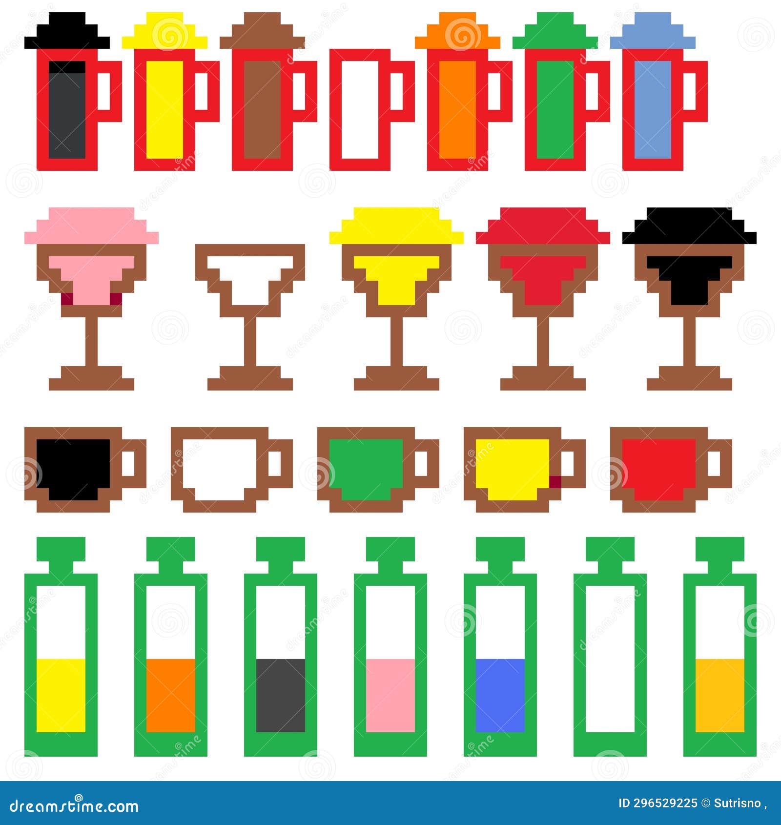 Pixel Art Set Of A Bottles Of Water And Honey. Cartoon Vector ...