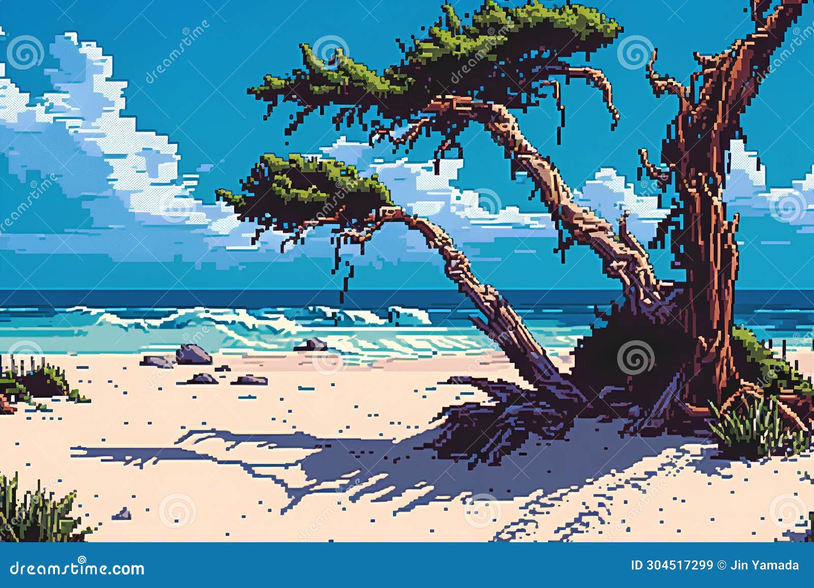 Pixel Art Illustration of a Lonely Pine Tree on a Sandy Beach. Stock ...