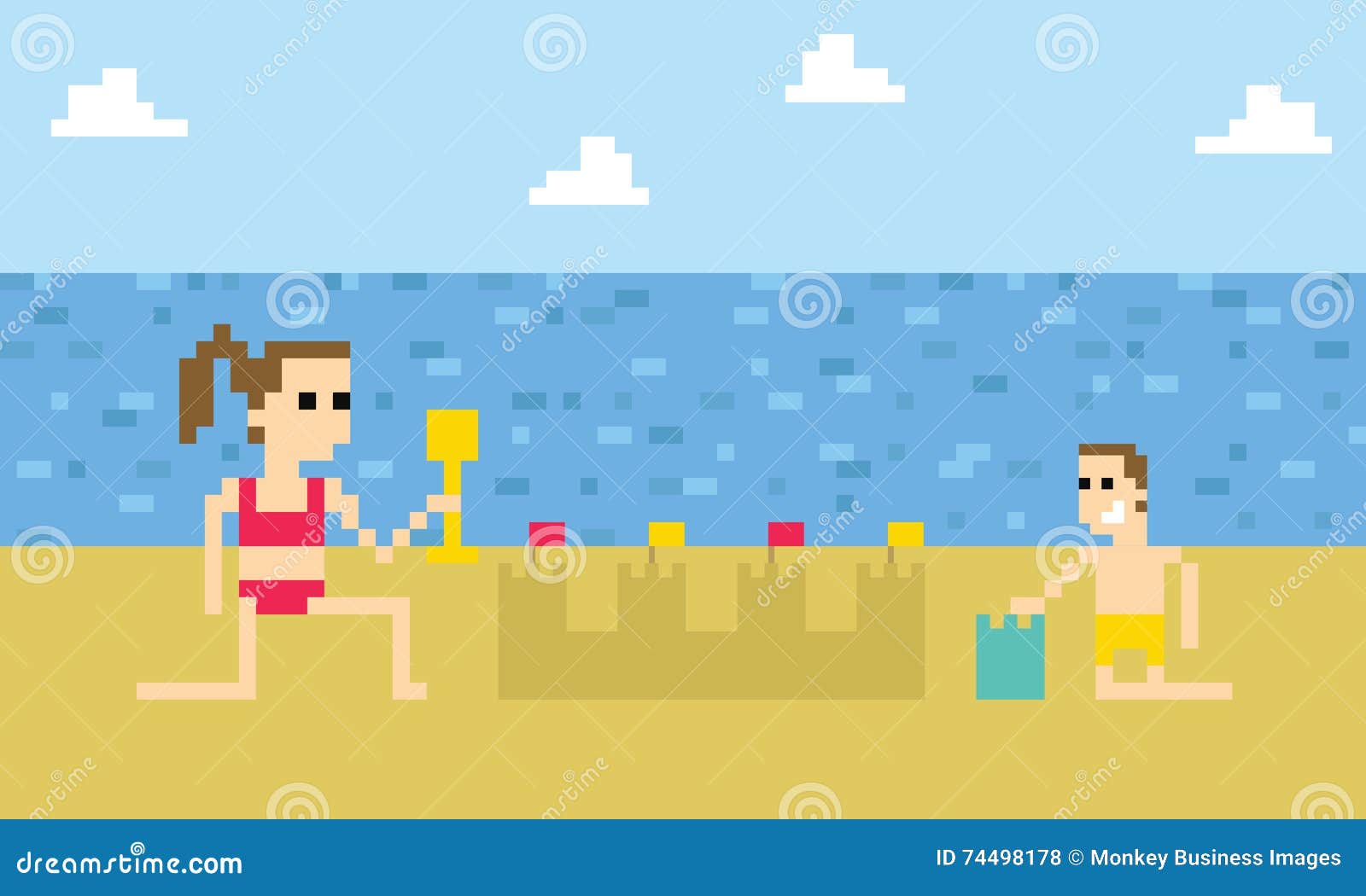 Pixel Art Image of Children Building Sandcastle on Beach Stock Vector ...