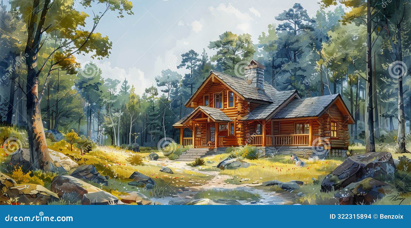 A Pixel Art Image Depicting a Log Cabin Surrounded by Trees in a Forest ...