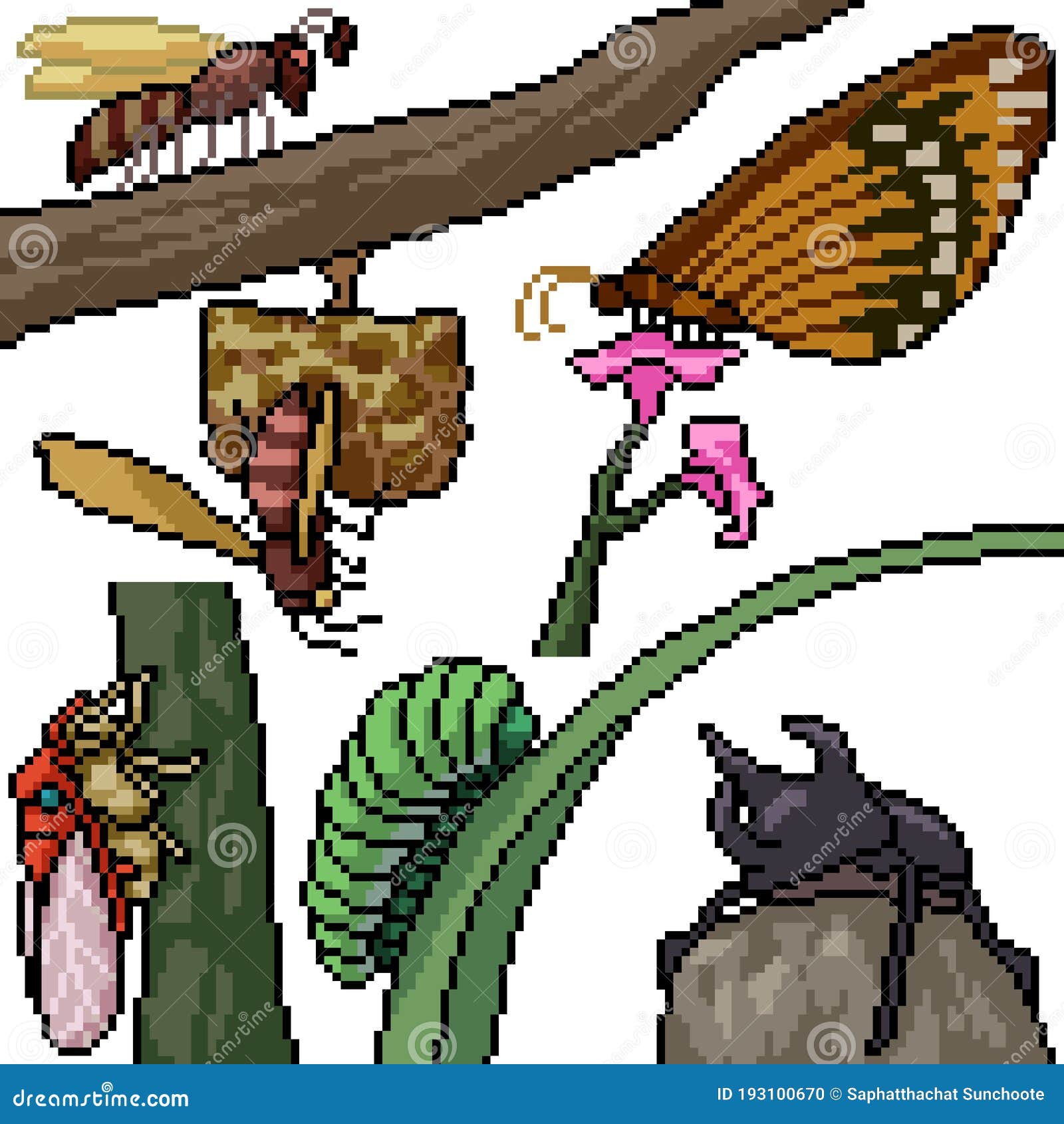 Pixel Art Insect Eating Plant Cartoon Vector | CartoonDealer.com #228206311