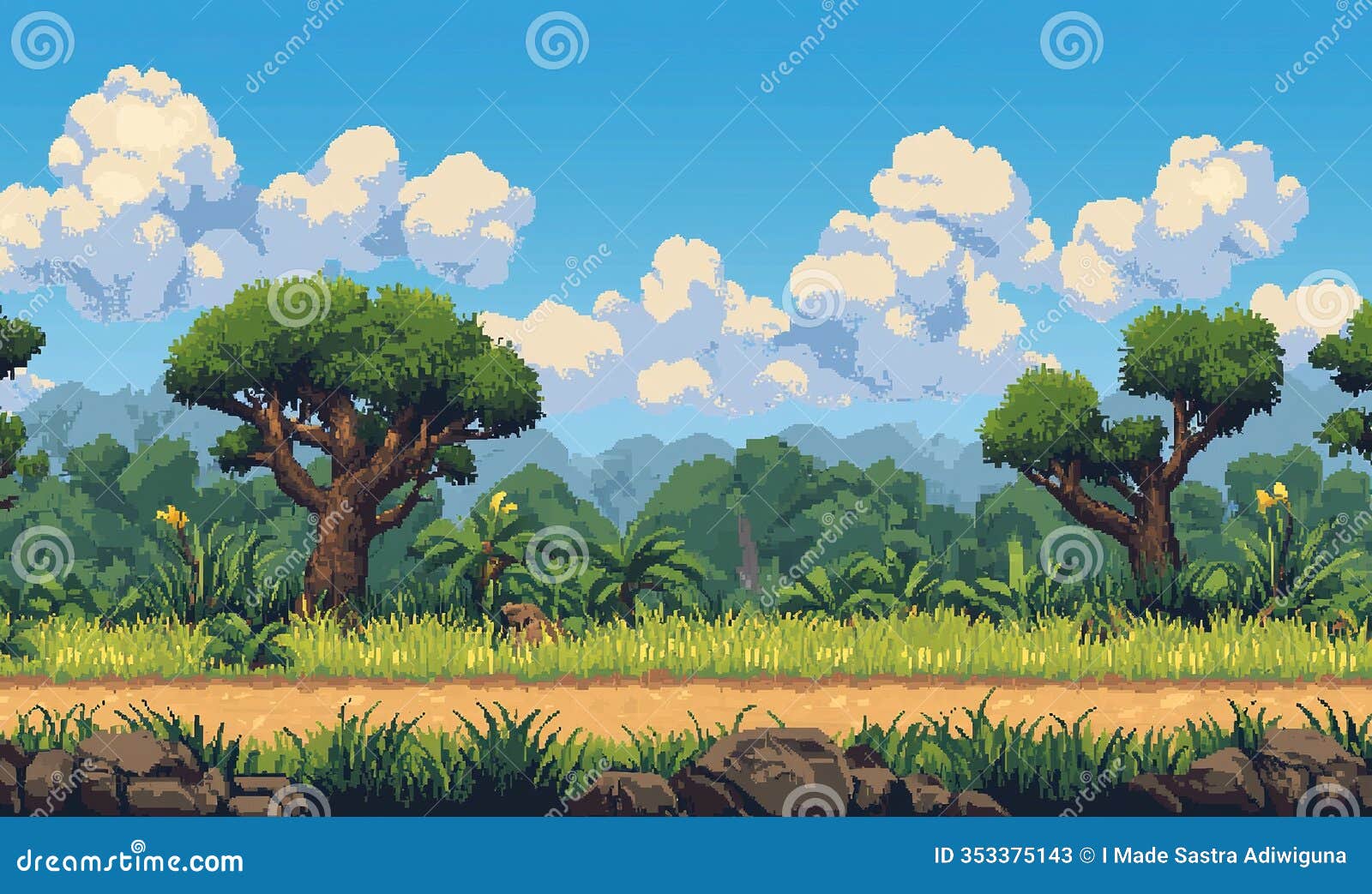 Pixel Art Jungle Landscape with Dirt Path, Trees, and Cloudy Sky Stock ...