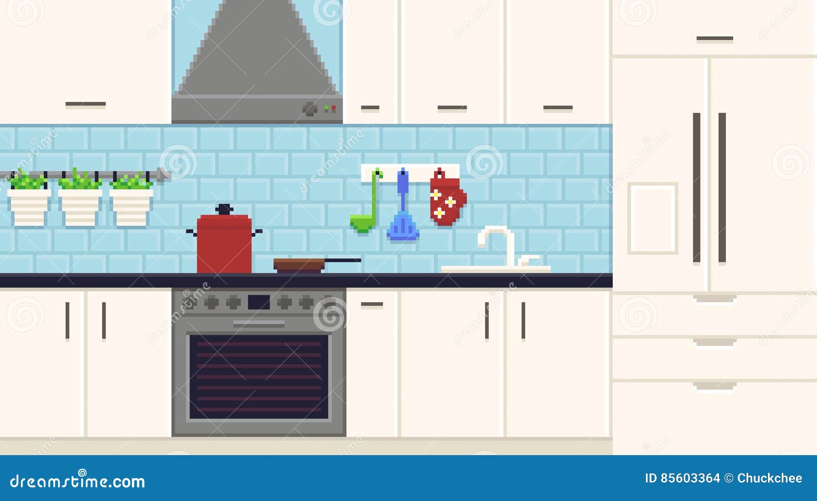 Pixel Art Kitchen Set With Stoves Refrigerators And Cabinets. Royalty ...