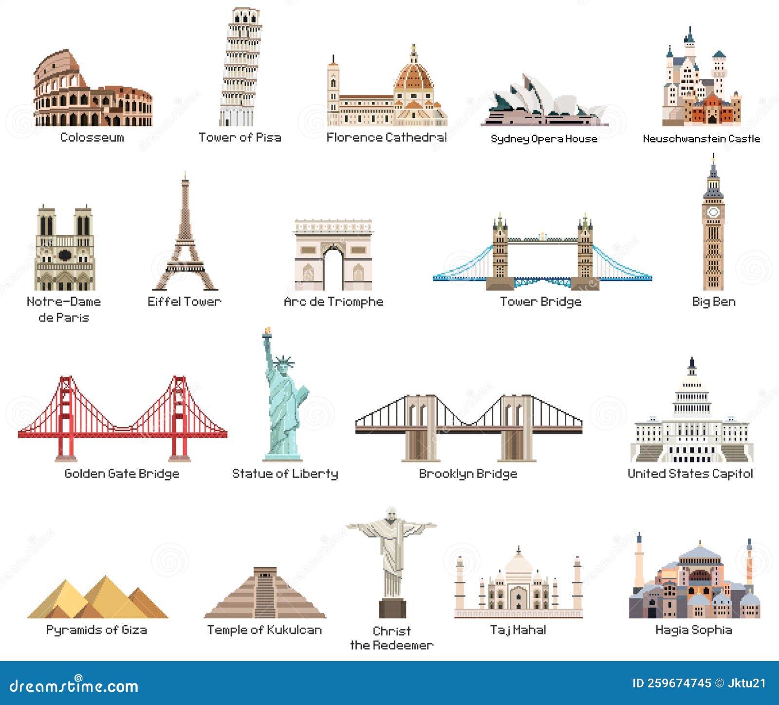 World Landmarks Pixel Art Icons Vector Set Stock Vector - Illustration ...