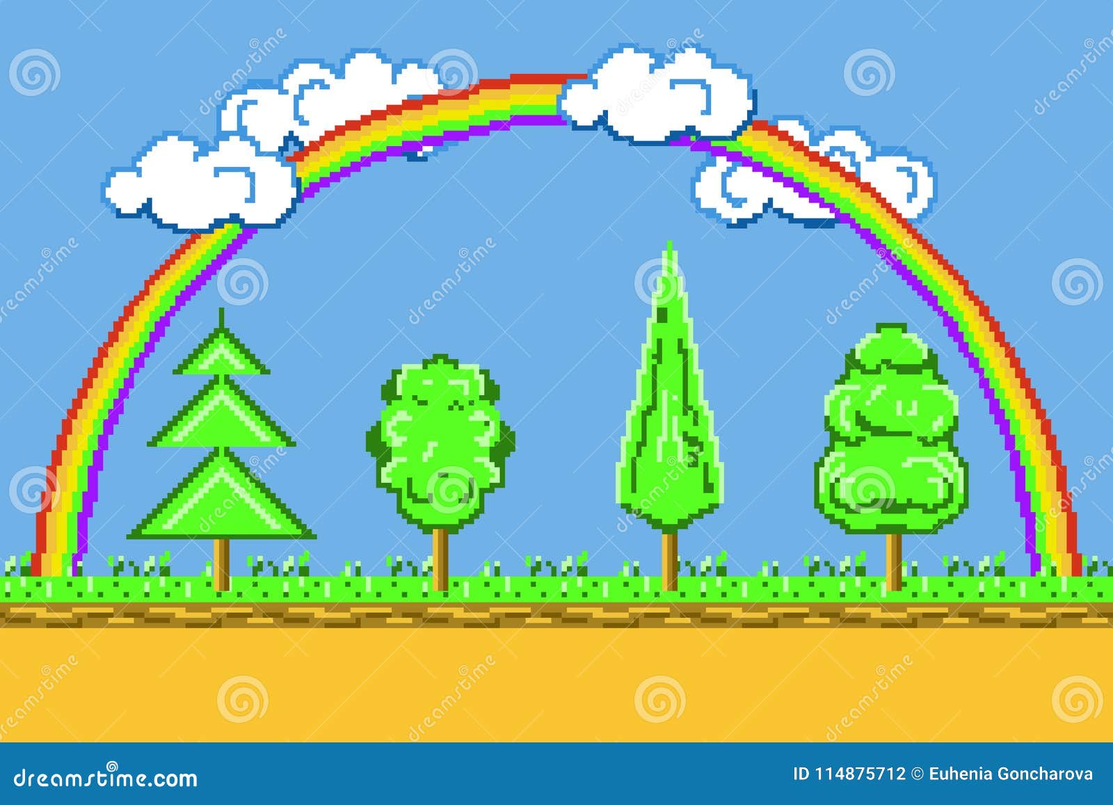 Pixel Art Landscape, Background Game Platformer With Rainbow, Trees And ...