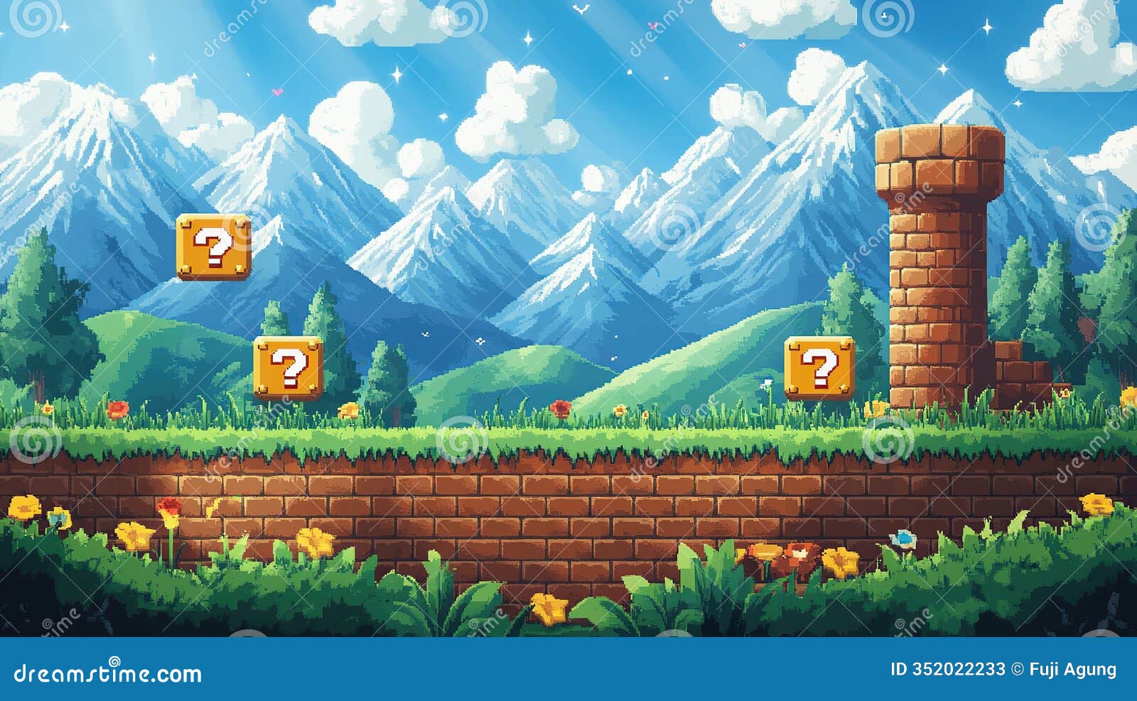 Pixel Art Landscape with Mountains, Question Mark Blocks, and a Brick ...