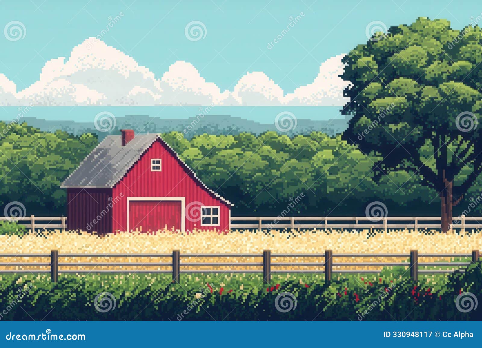 Pixel Art Landscape of a Red Barn in a Field Stock Illustration ...