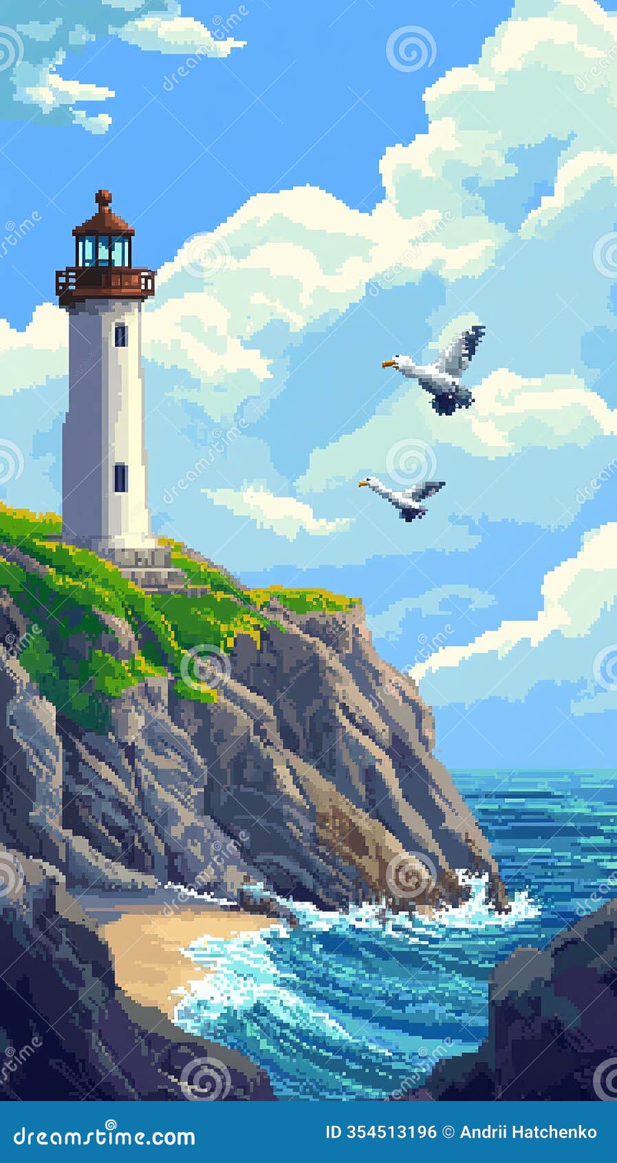 Pixel Art Lighthouse Set With Cliffs Seagulls And Waves. Royalty-Free ...