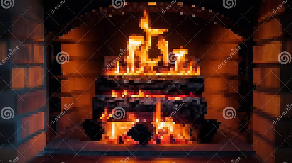 Pixel Art. Lit Fireplace with Burning Logs Stock Image - Image of ...