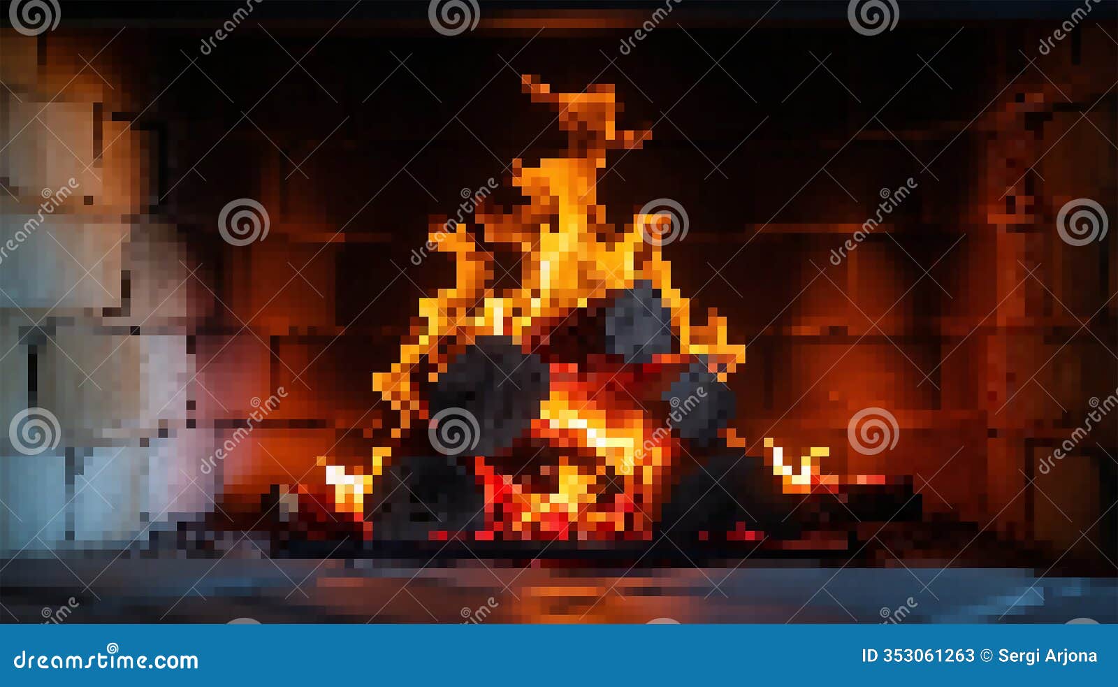 Pixel Art. Lit Fireplace with Burning Logs Stock Image - Image of ...