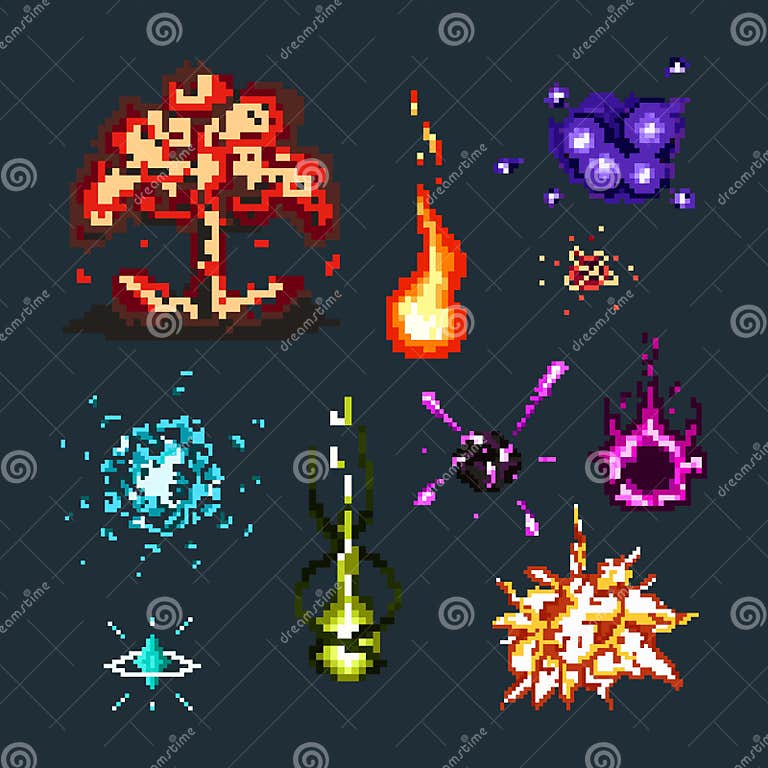 Pixel Art of Magical Explosions and Effects Set Stock Vector ...