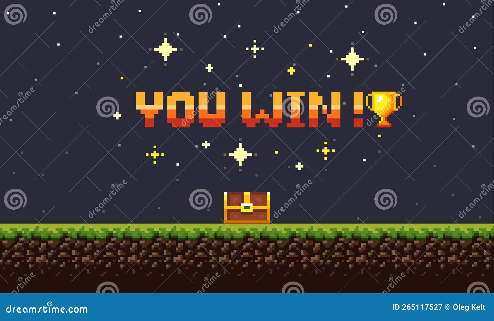 Pixel Art Night Game Background with Grass, Sky and You Won Game 8-bit ...