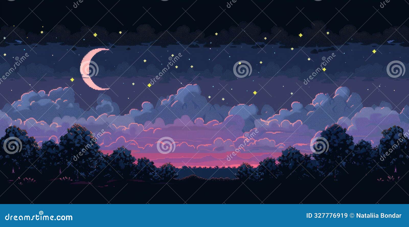 Pixel Art Night Sky With Crescent Moon. Retro Pixeled Nighttime ...