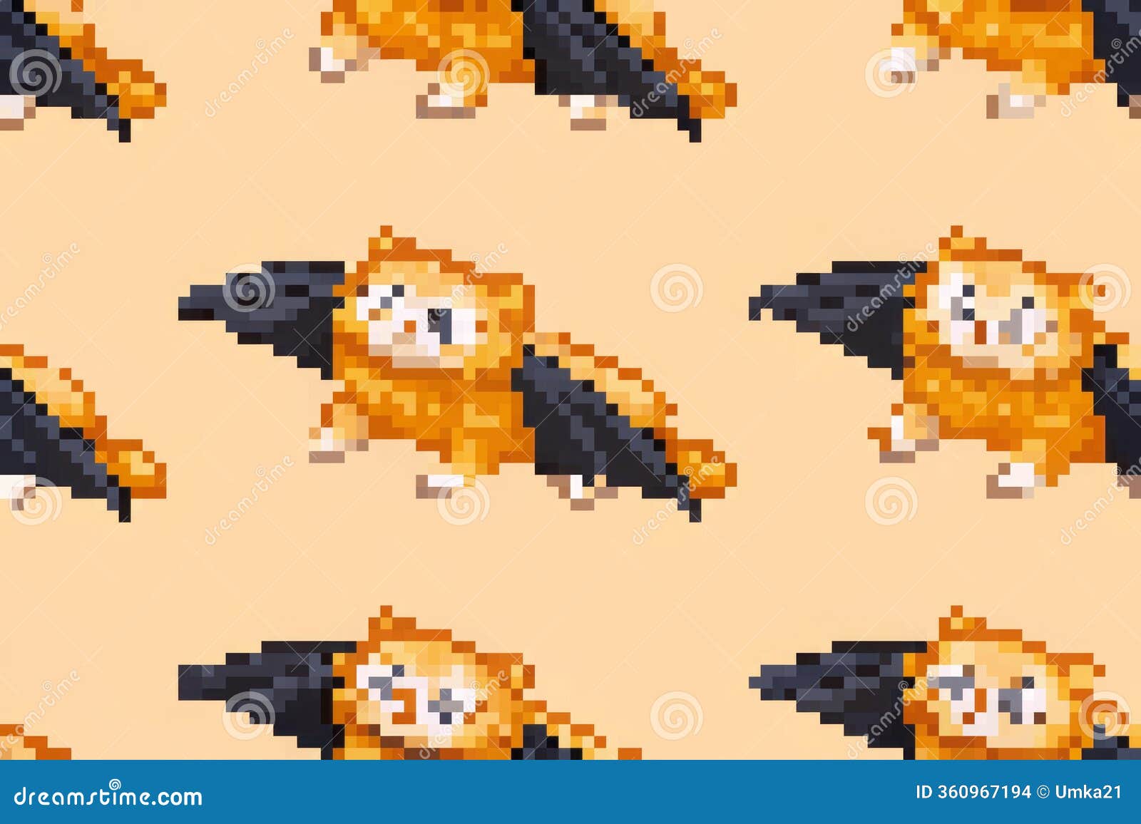 Pixel Art Orange Tabby Cats with Bat Wings Pattern on Beige Stock ...