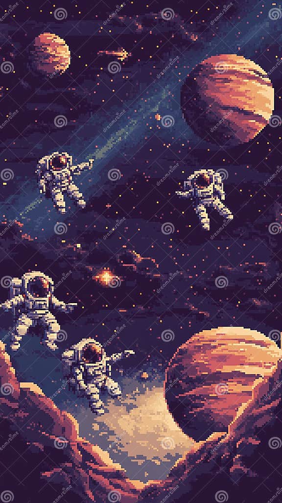 Pixel Art Outer Space Exploration Set with Astronauts and Planets. Stock Illustration ...