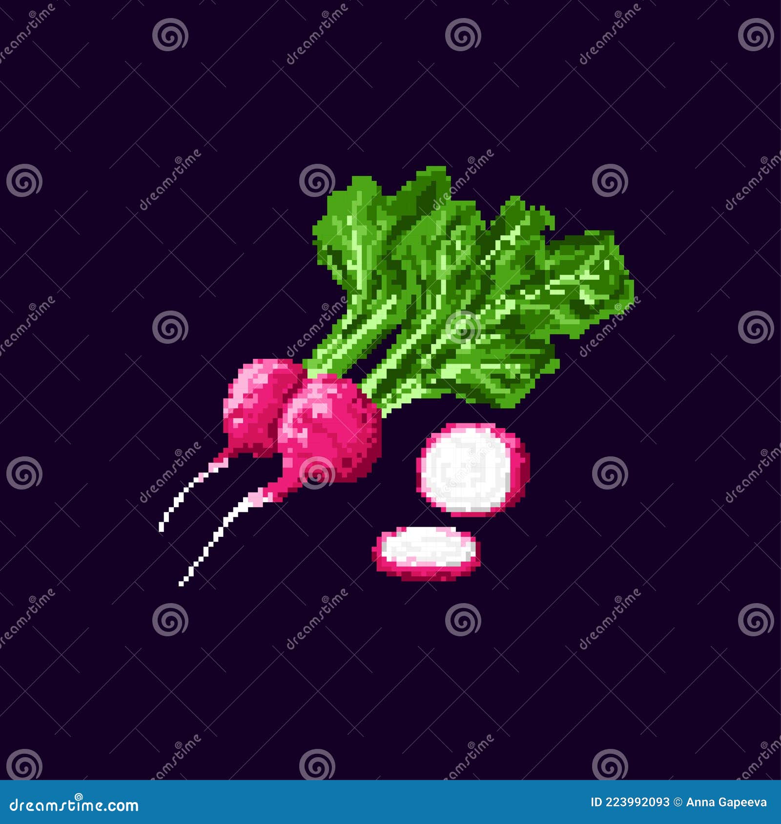 Pixel-art Radish. a Slice of Radish and Whole Radish on Blue Background ...