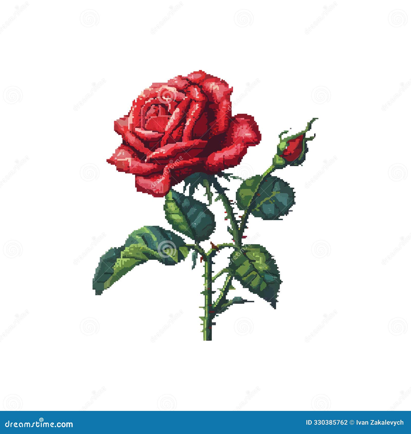 Pixel Art Red Rose with Detailed Leaves. Vector Icon Design Stock ...