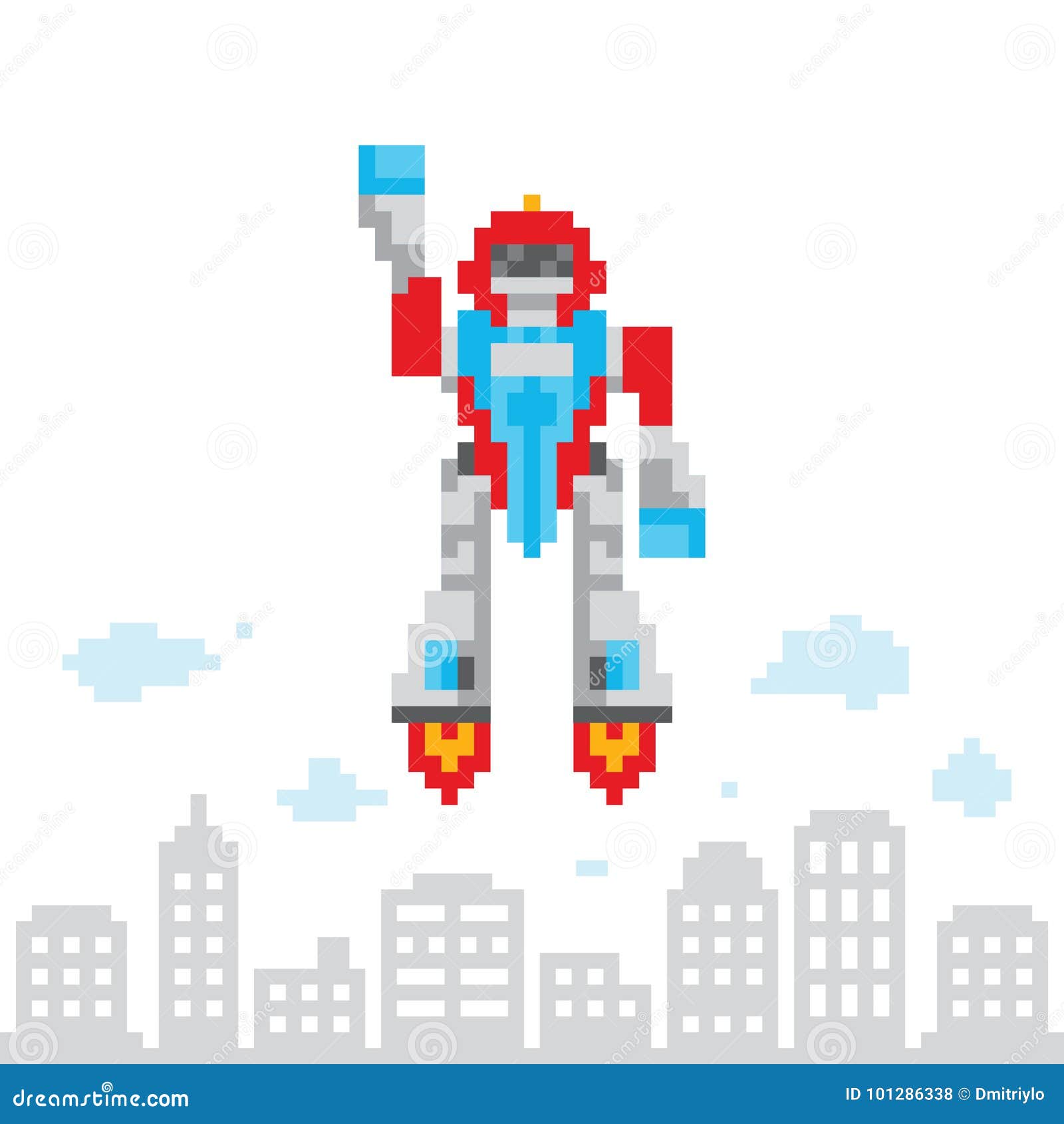 Pixel Art Retro Game Style Cartoon Flying Robot Vector Illustration ...