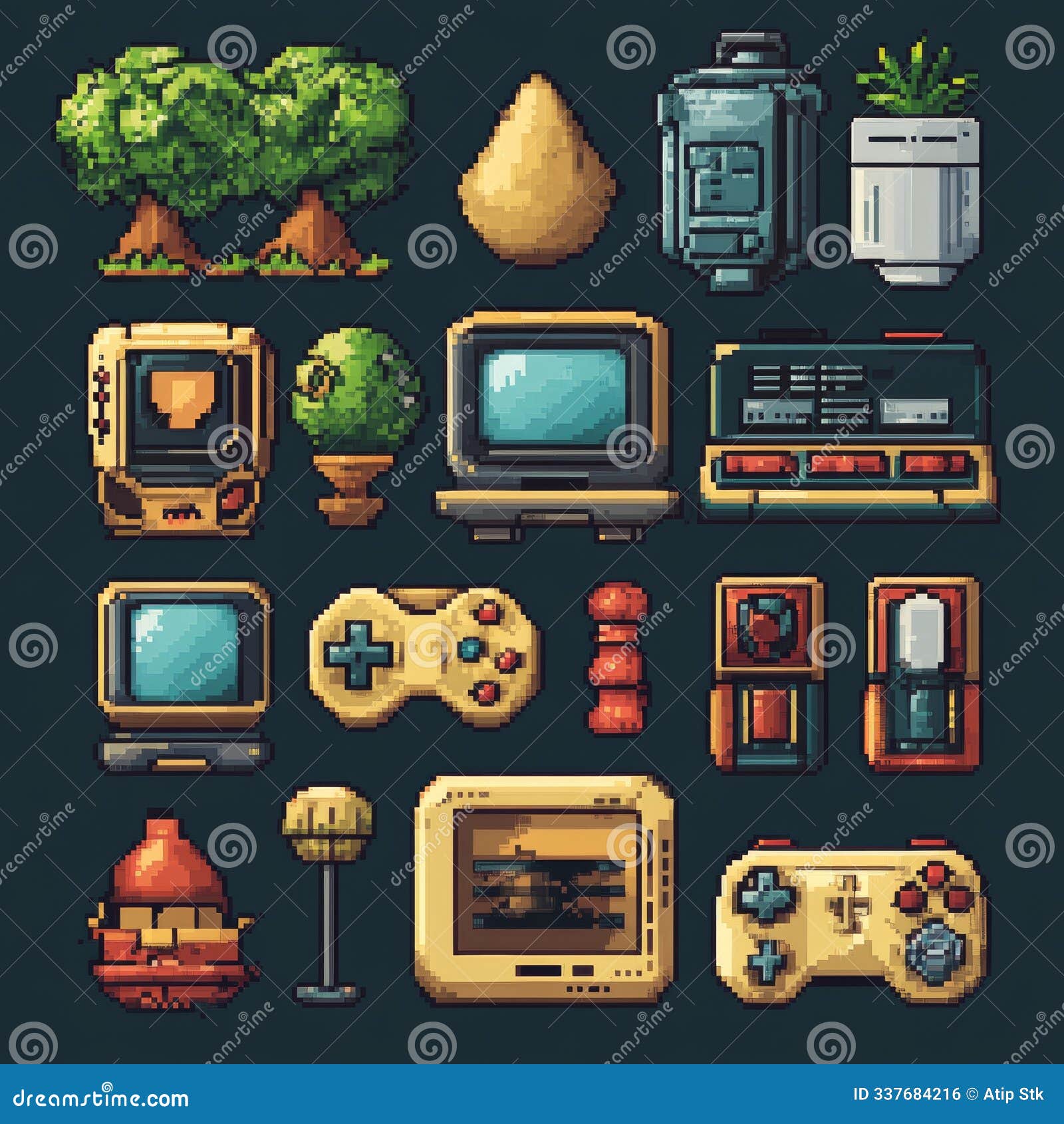 Pixel Art Retro Gaming Set 8 Bit Game Console Controllers Television ...