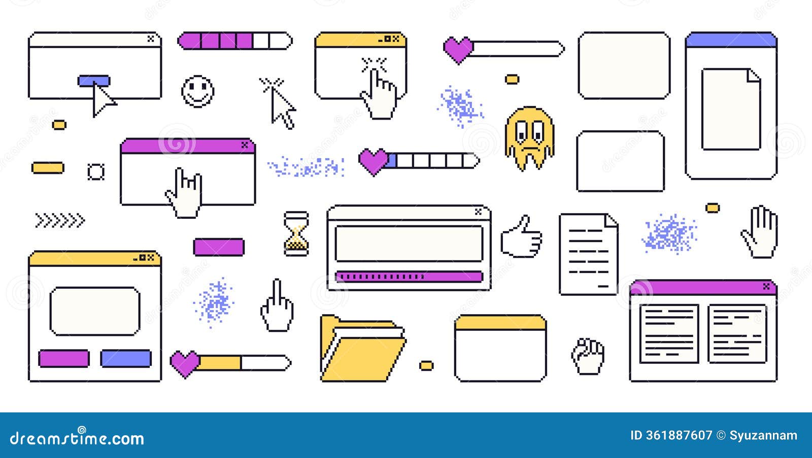 Pixel Art Retro Windows Interface. 8 Bit Text Boxes With Pointers Cursors, Arrow Cartoon Vector ...