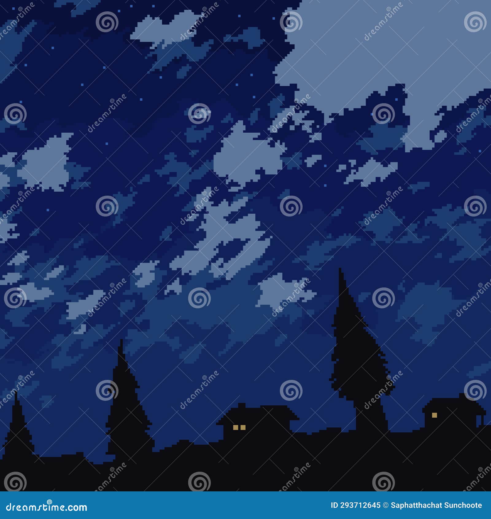 Pixel Art Rural Lake Night Cartoon Vector | CartoonDealer.com #240948011