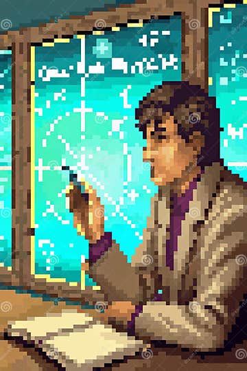 Pixel Art Scientist Analyzing Data with Complex Formulas on Chalkboard Stock Photo - Image of ...