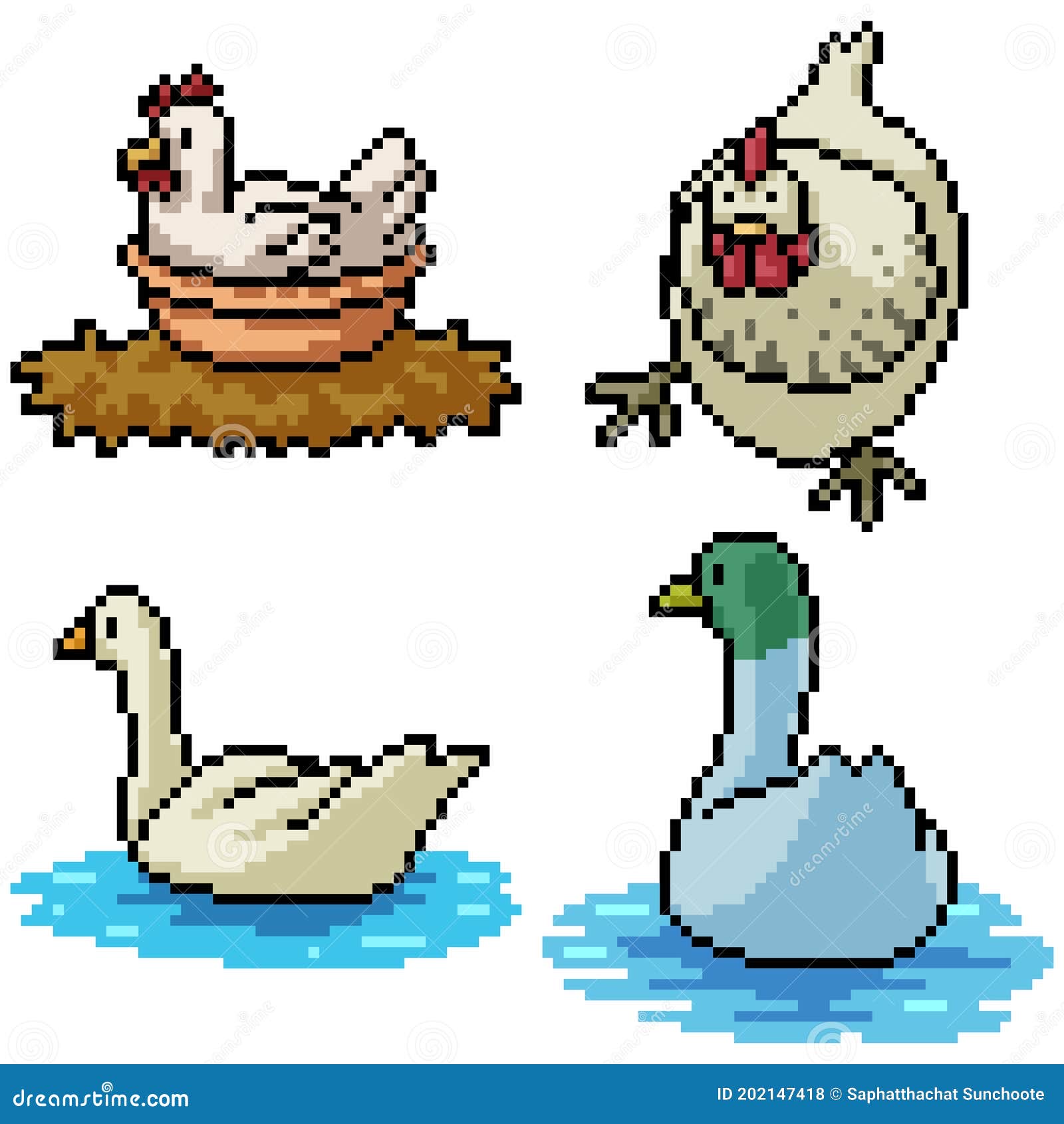 Pixel Art Duck Family Set. Duck, Drake And Duckling. Cartoon Vector ...