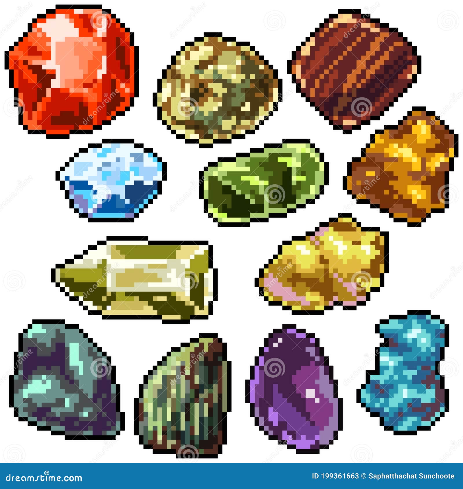 Pixel Gemstone Set. Vibrant Jewels Retro-style Pixel Diamond Ruby ...