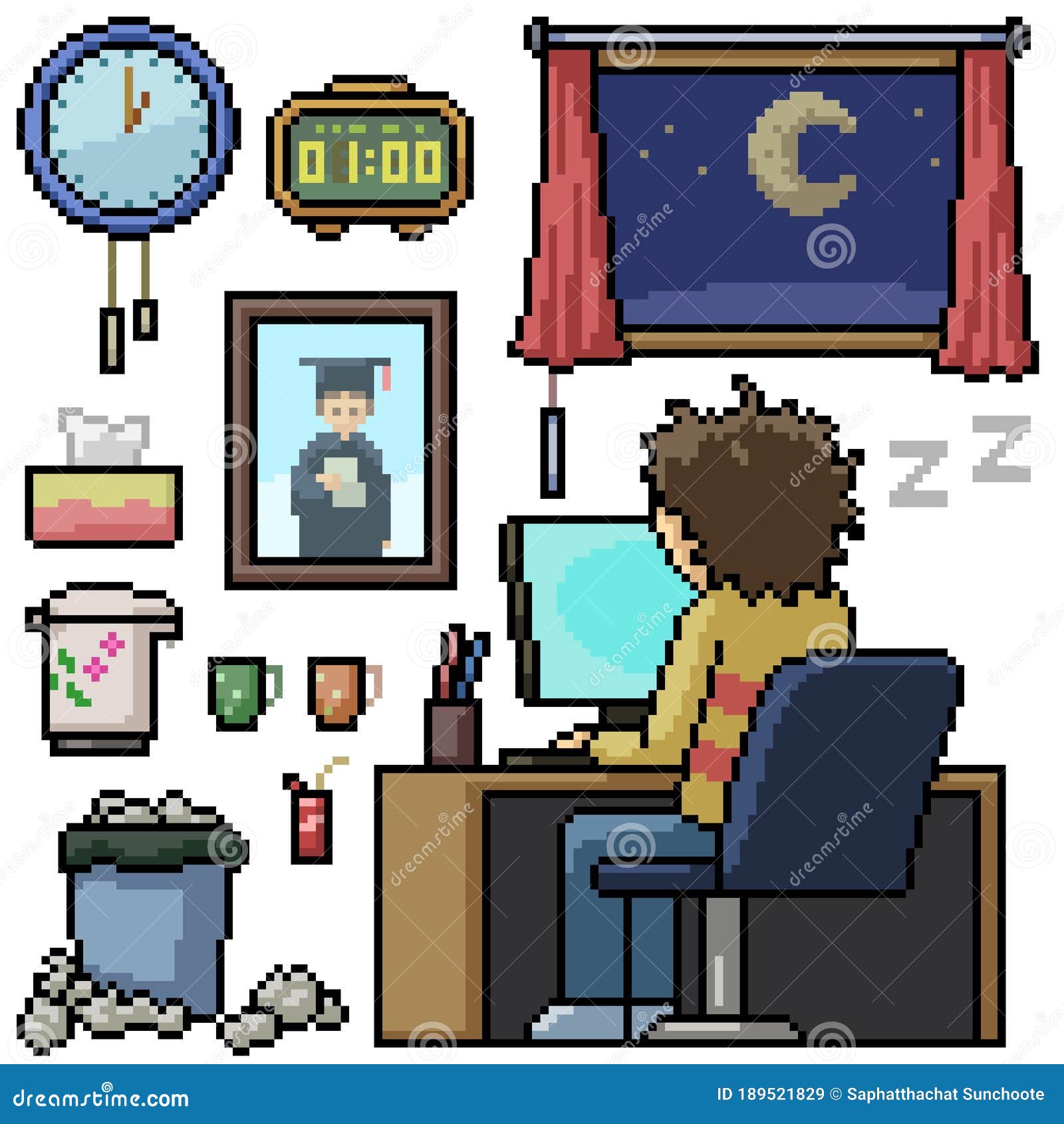 Pixel Art Set Man Work Overtime Stock Vector - Illustration of white ...