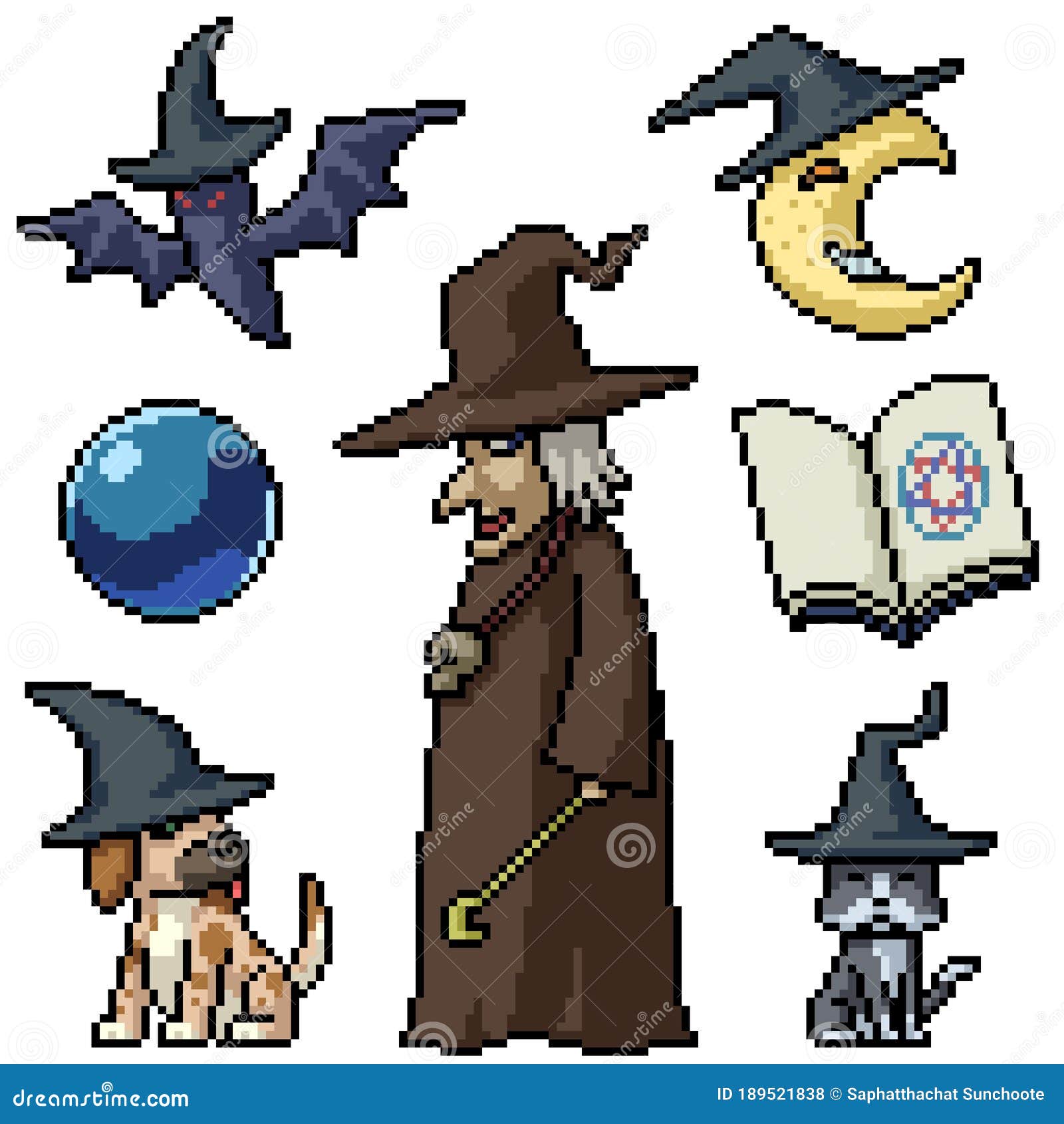 Pixel art set old witch stock vector. Illustration of fantasy - 189521838