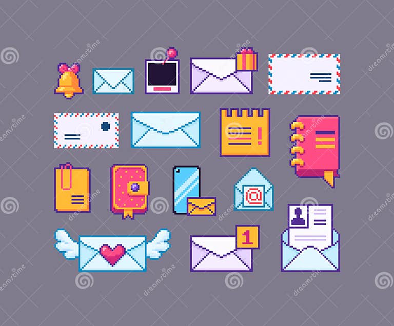 Pixel Art Set of Mail Icons Stock Vector - Illustration of envelope ...