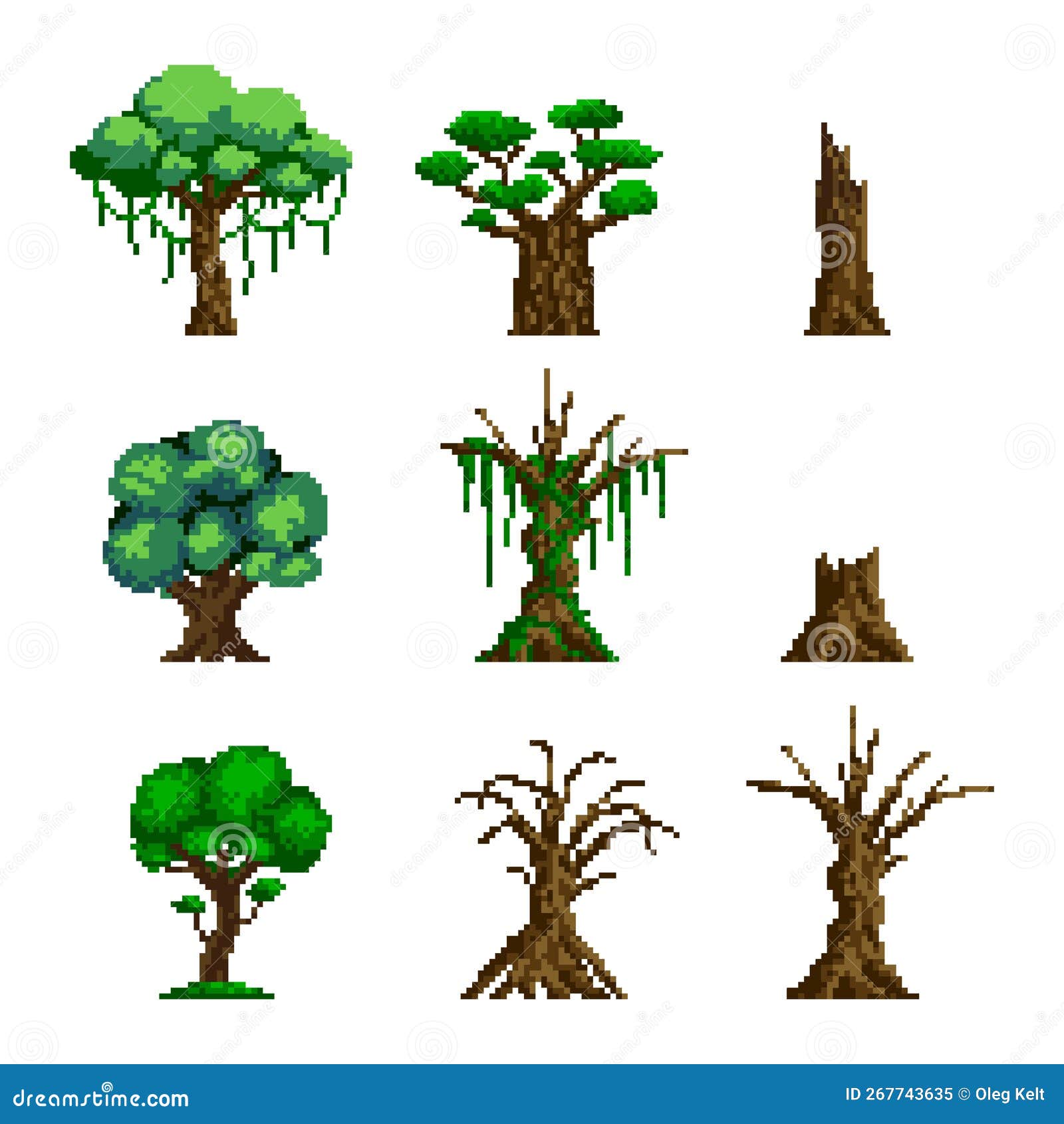 Pixel Art Set of Trees. Tropical Trees, Dry Trees and Stumps. 8 Bit ...