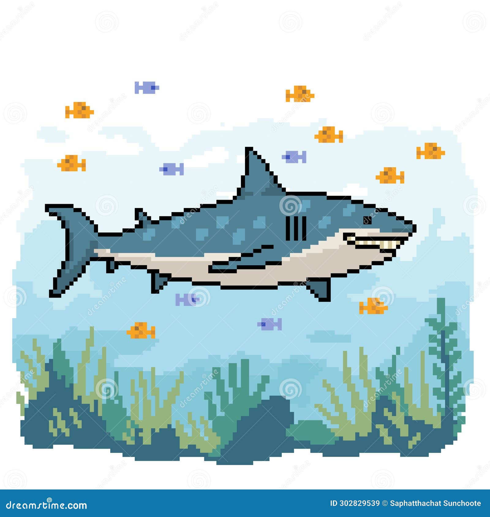 Pixel Art Shark Sails Over Seabed Landscape Vector Illustration ...
