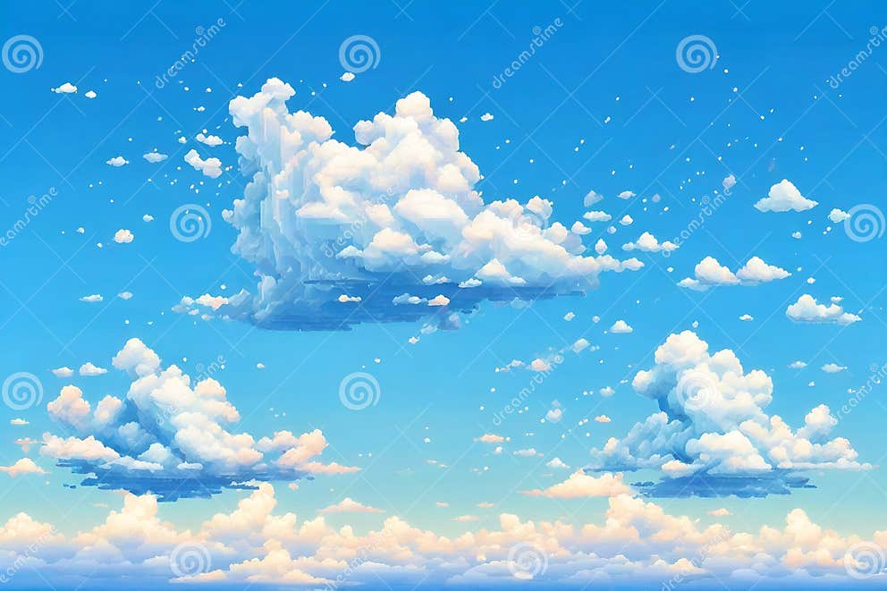 Pixel Art Sky Background with Clouds, Cloudy Blue Sky Stock ...