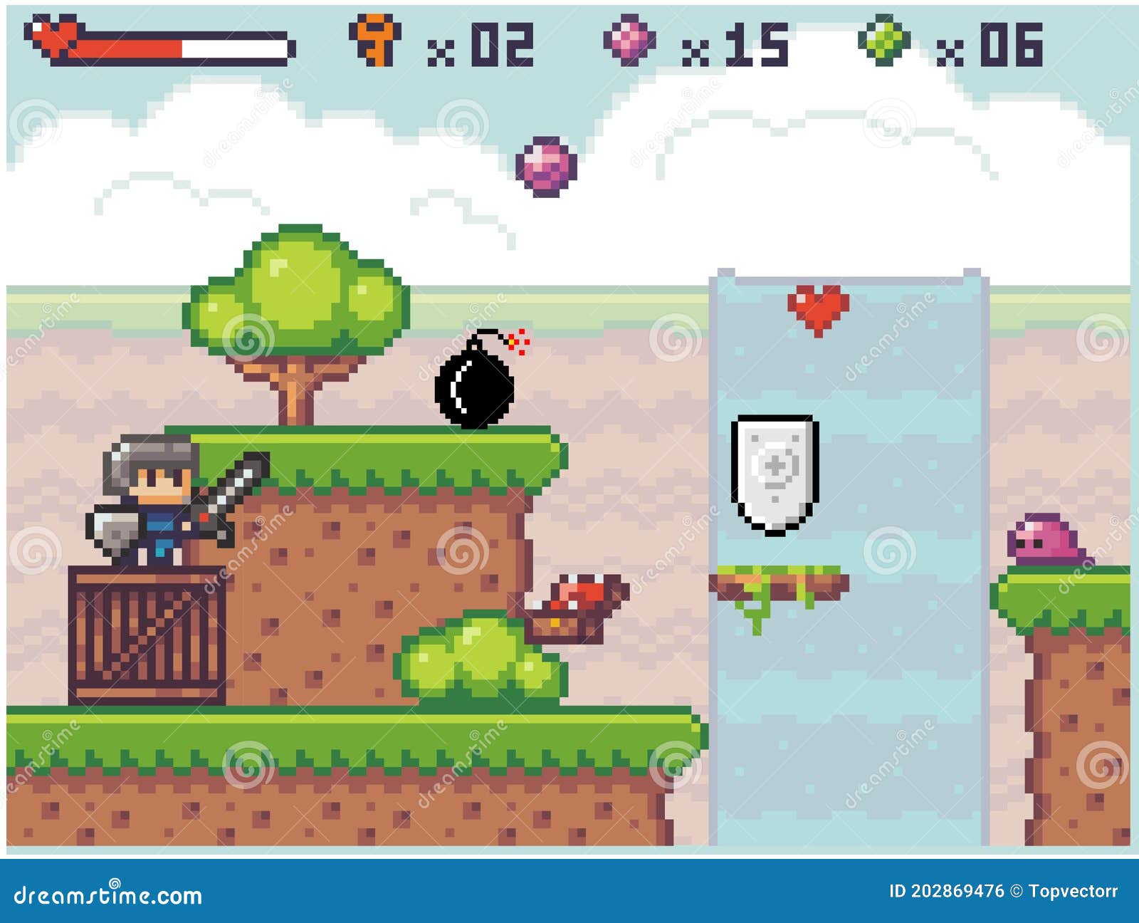 Pixel Art Style, Character in Game Arcade Play. Game Scene with Dirt ...