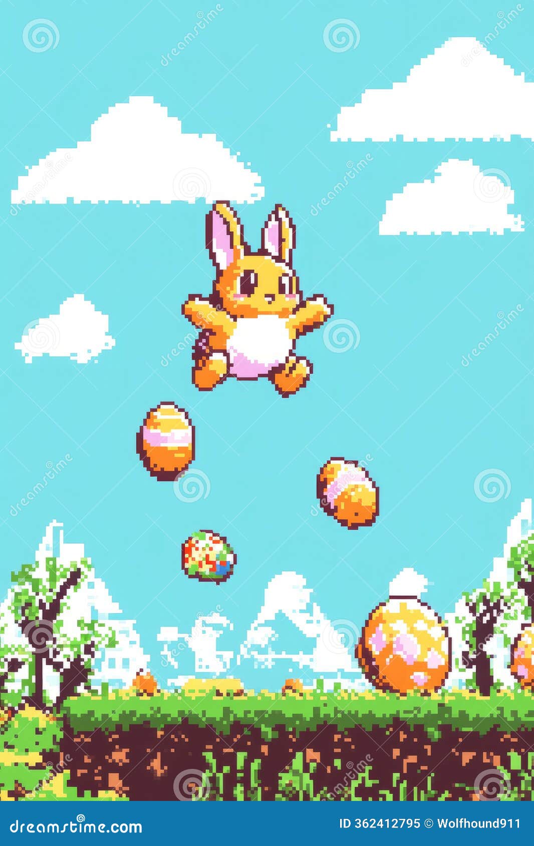 A Pixel-art Style Easter Bunny in an 8-bit Video Game World, Hopping ...