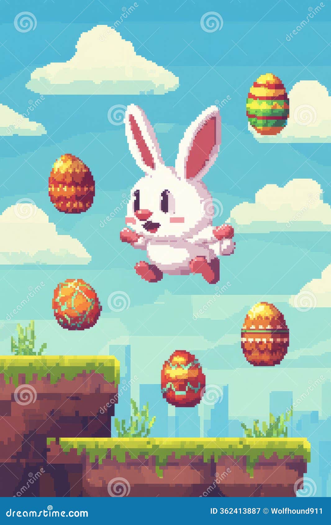 A Pixel-art Style Easter Bunny in an 8-bit Video Game World, Hopping ...