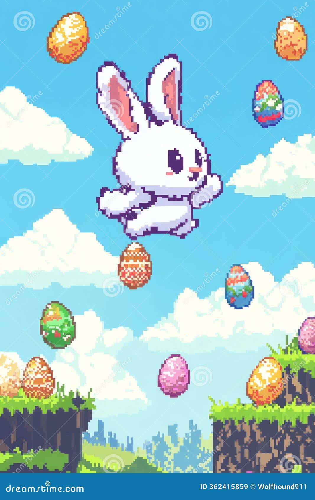 A Pixel-art Style Easter Bunny in an 8-bit Video Game World, Hopping ...