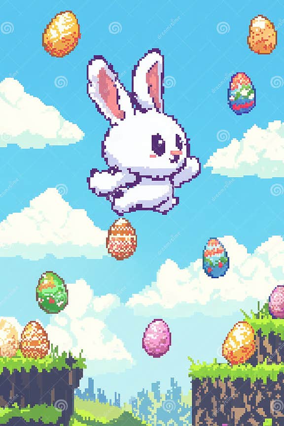 A Pixel-art Style Easter Bunny in an 8-bit Video Game World, Hopping ...