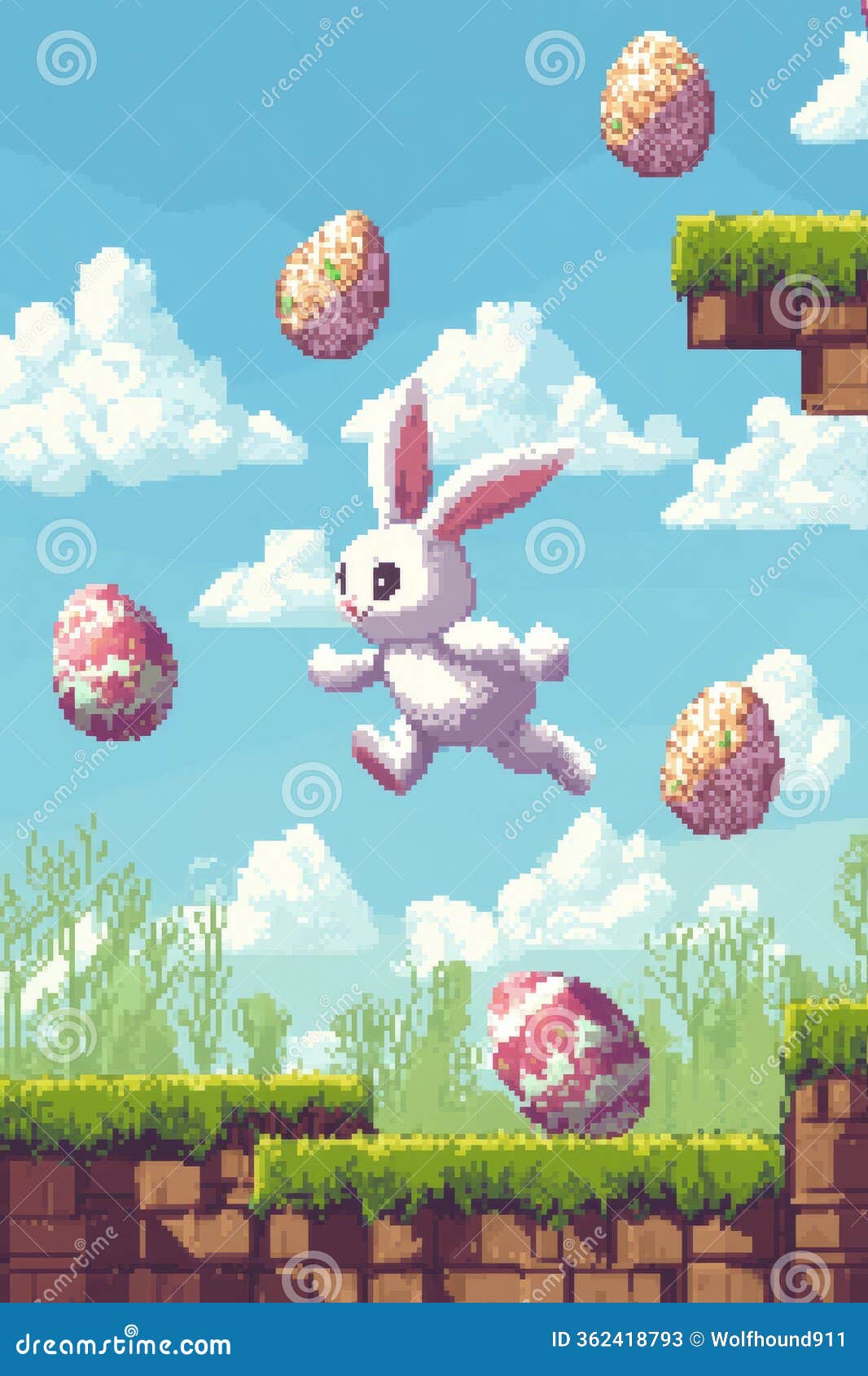 A Pixel-art Style Easter Bunny in an 8-bit Video Game World, Hopping ...