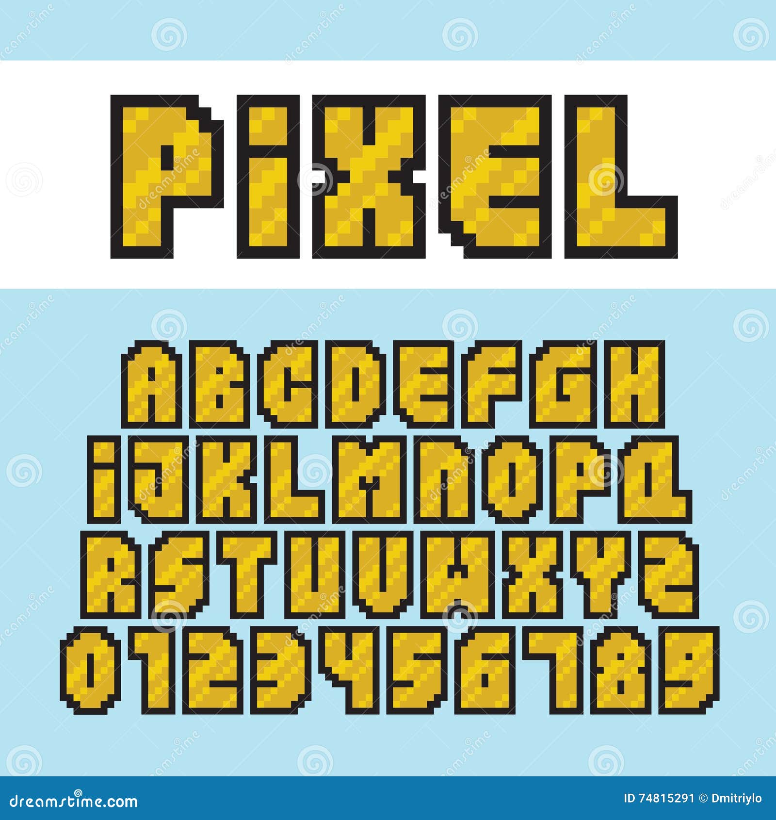 Pixel Art Style Golden Alphabet And Numbers Vector Font Set ...
