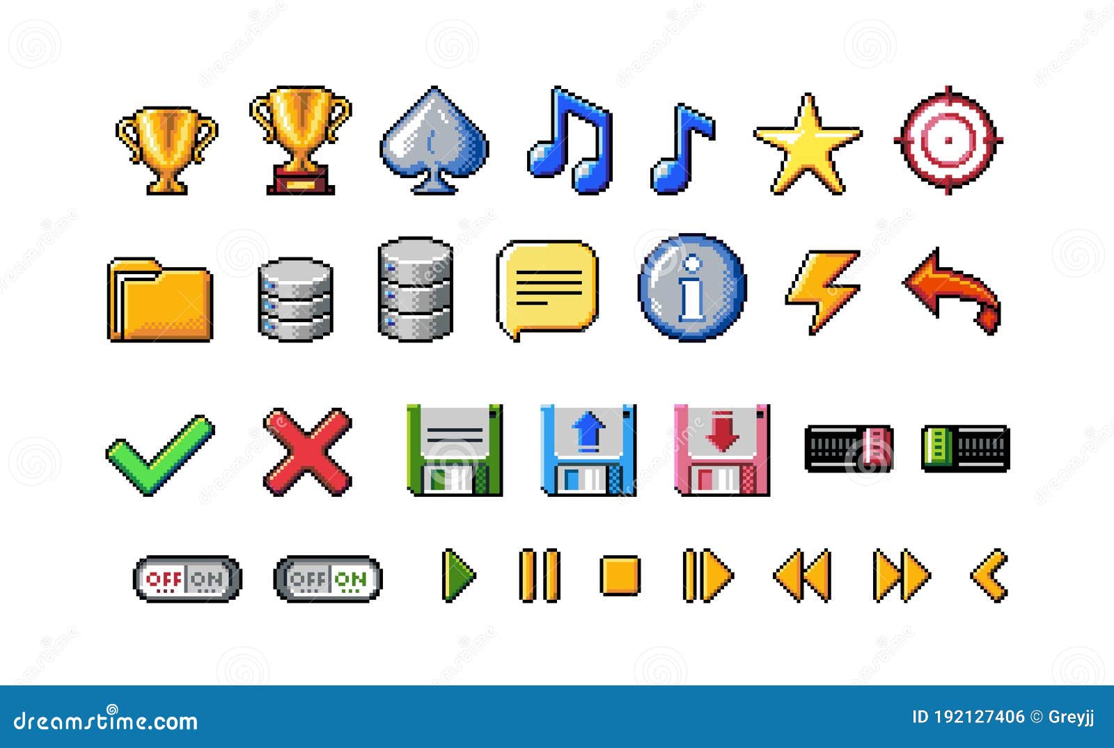 Pixel Art Style Icons Collection on White Background Stock Vector ...